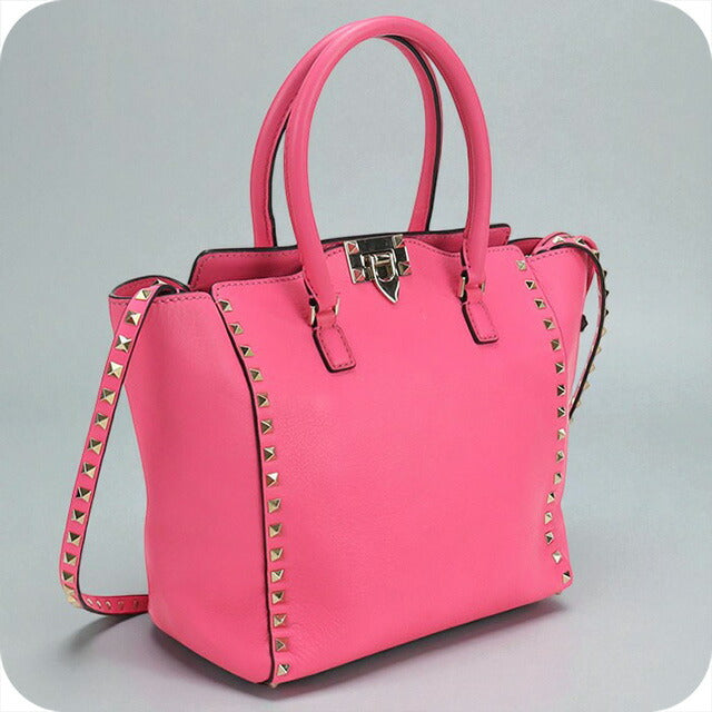 中古 ヴァレンティノ トートバッグ レディース ブランド VALENTINO ロックスタッズ 2WAY レザー ピンク バッグ ...